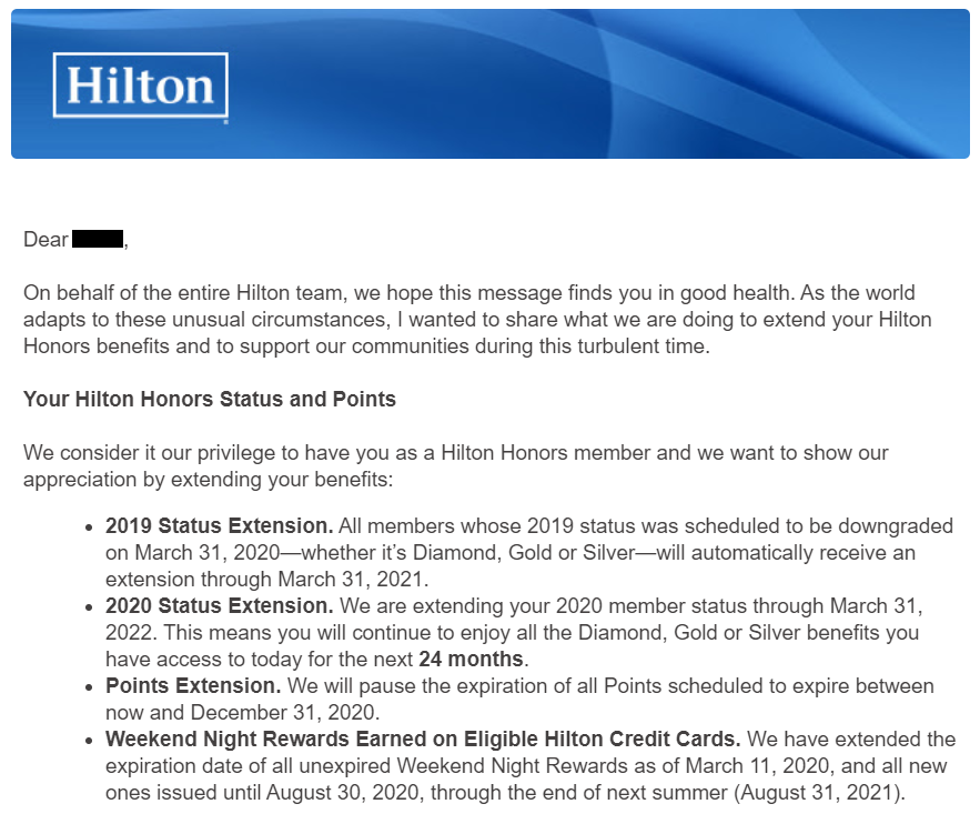 Hilton Honors 2019 & 2020 Status Extensions Due To COVID-19 Pandemic ...